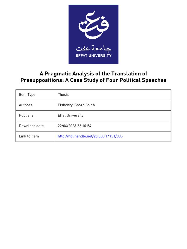 Pragmatic Analysis of The Translation of Presuppositions Made in ...