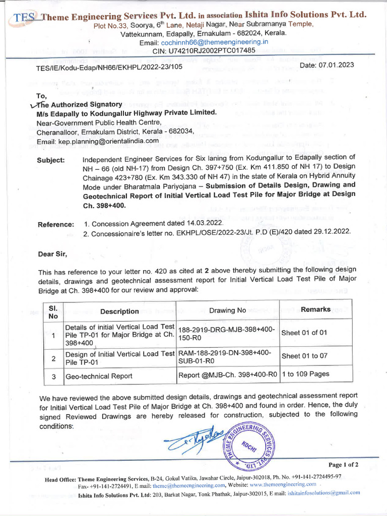 105 - IE - To - EKHPL - Reg. Approval of Test Pile, Design, Drawing and ...