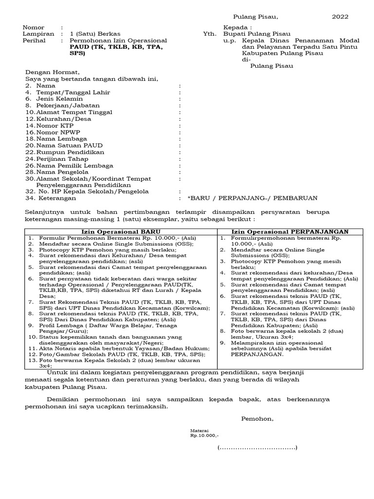 Permohonan Izin Operasional PAUD Pulang Pisau | PDF