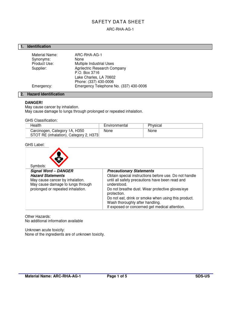 ARC-RHA-AG-1+SDS | PDF | Toxicology | Occupational Safety And Health