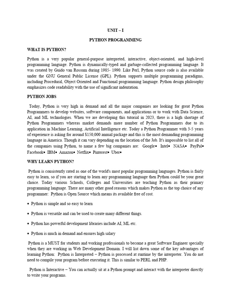 Python Unit I Download Free Pdf Data Type Python Programming Language