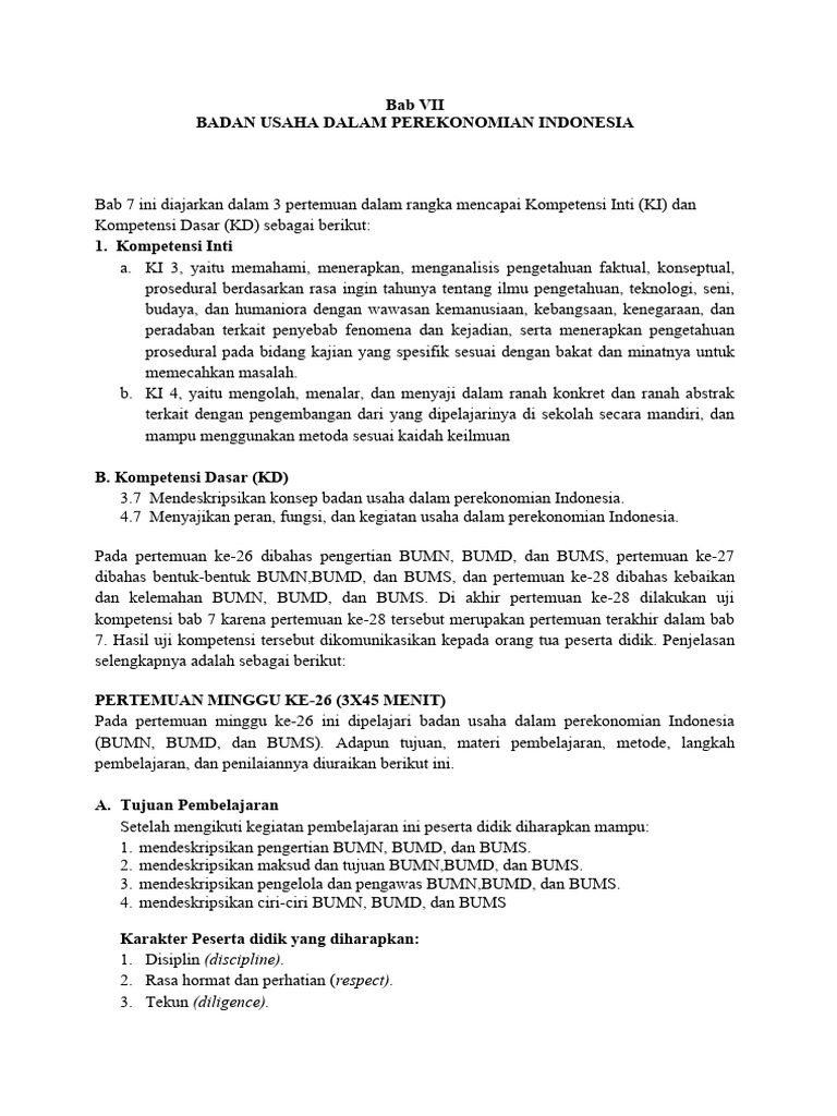 RPP Bab 7 Badan Usaha Dalam Perekonomian Indonesia | PDF