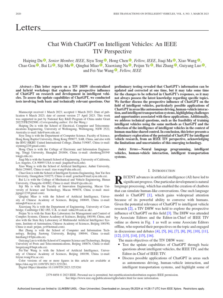 Chat With ChatGPT On Intelligent Vehicles An IEEE TIV Perspective | PDF | Privacy | Cognition