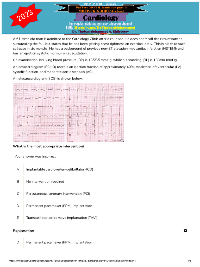 Cardiology MRCP II Pastest 2023 | PDF | Myocardial Infarction ...