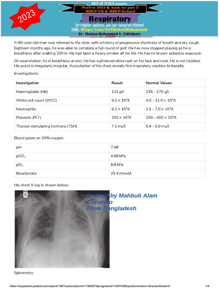 Respiratory MRCP II Pastest 2023 | PDF | Pneumonia | Tuberculosis
