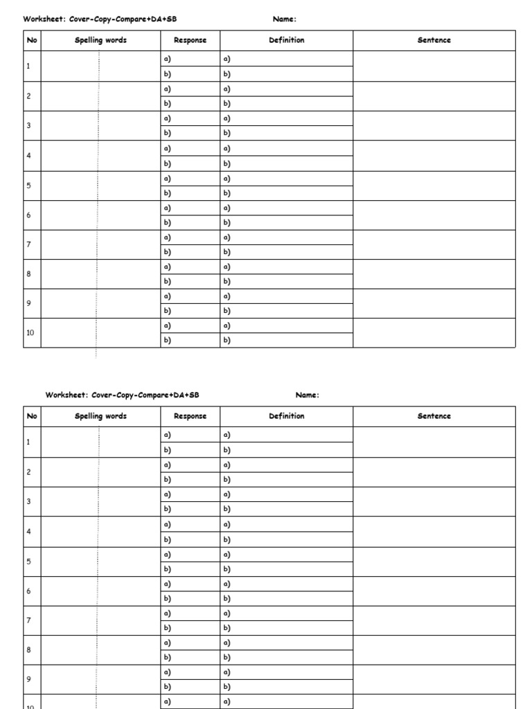 Worksheet: Cover-Copy-Compare+DA+SB Name: No Spelling Words Response ...