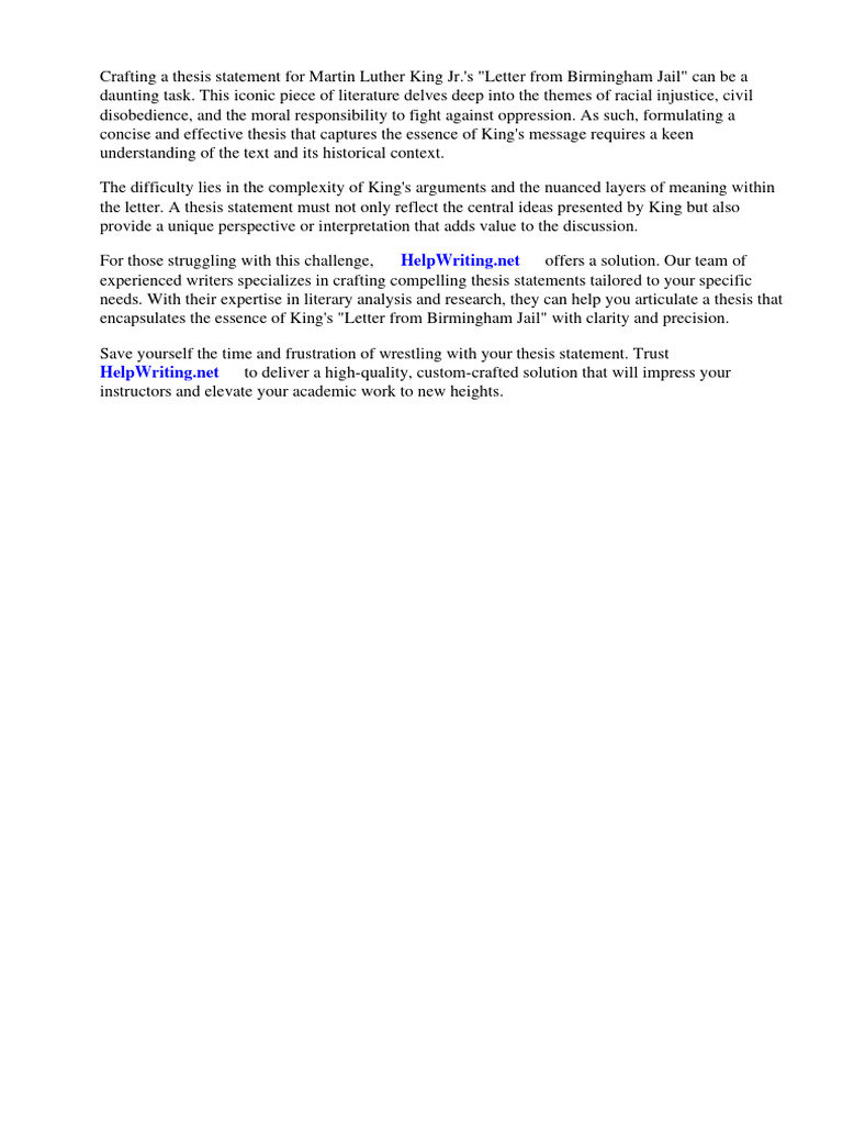 Thesis Statement For MLK Letter From Birmingham Jail | PDF