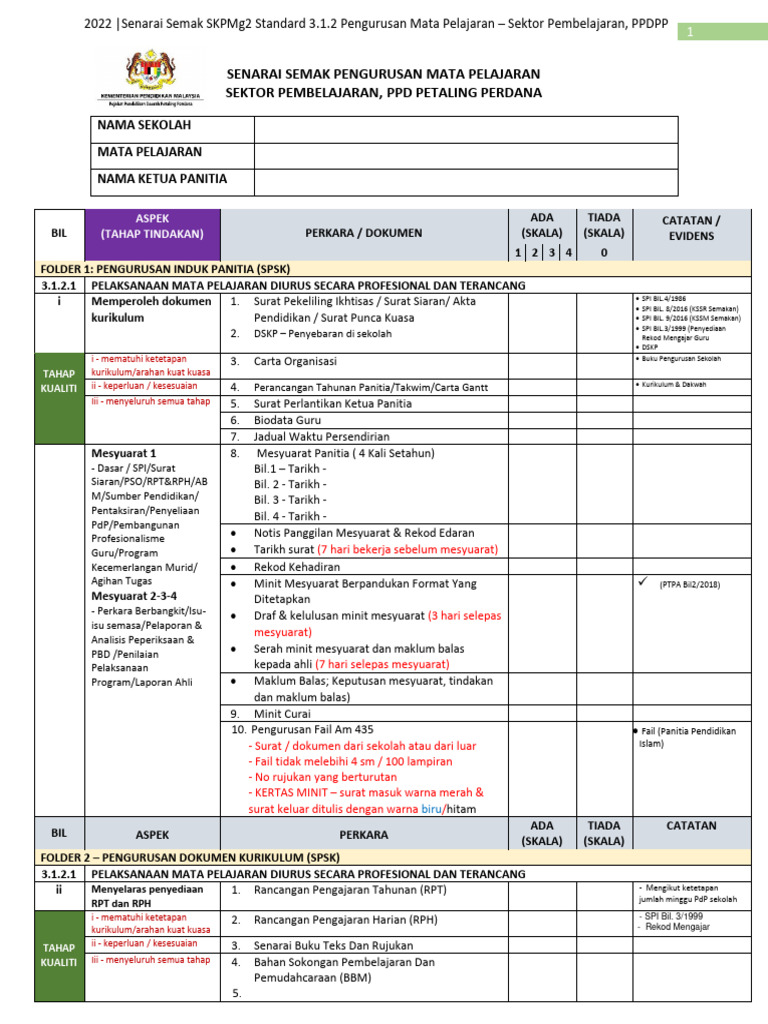 3 1 2 Real Pengurusan Mata Pelajaran Senarai Semak Fail Panitia | PDF