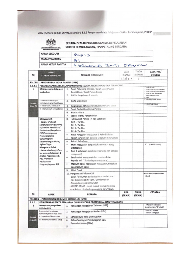 2022 Senarai Semak SKPMg2 Standard 3 1 2 Pengurusan Mata Pelajaran | PDF