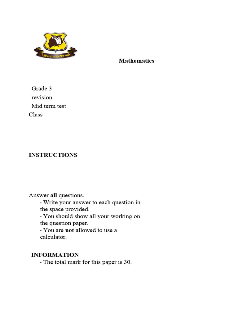 Grade 3 Midterm Math Exam Paper | PDF