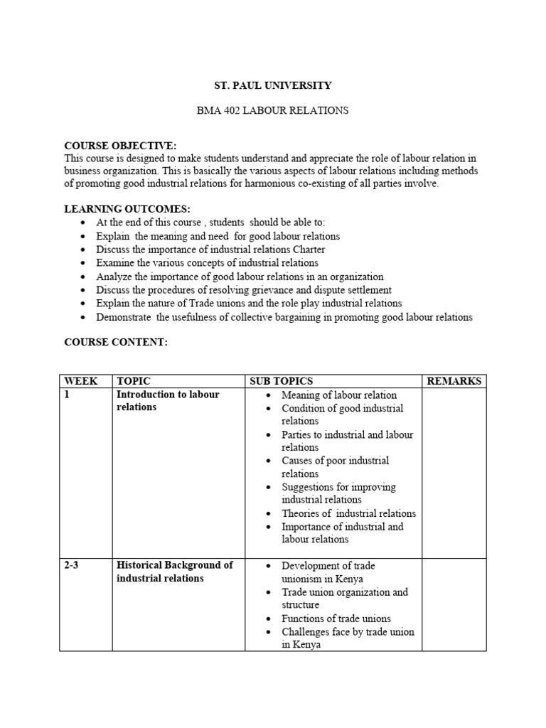 Bma 402 New Labour Relations Course Outline | PDF | Trade Union | Economies