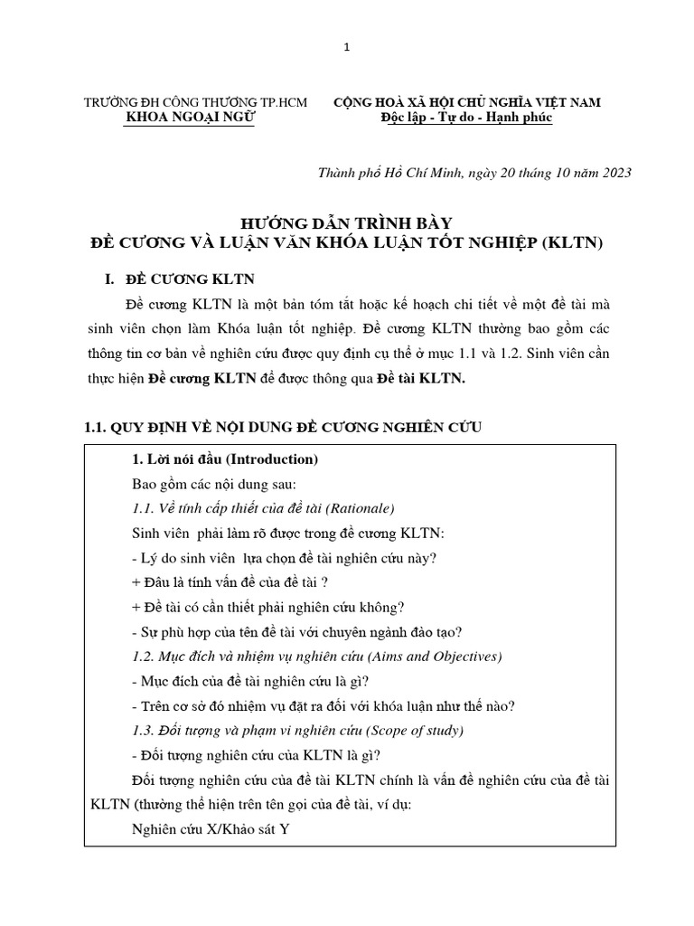 Huong Dan Trinh Bay de Cuong Va Luan Van Khoa Luan 2023 | PDF
