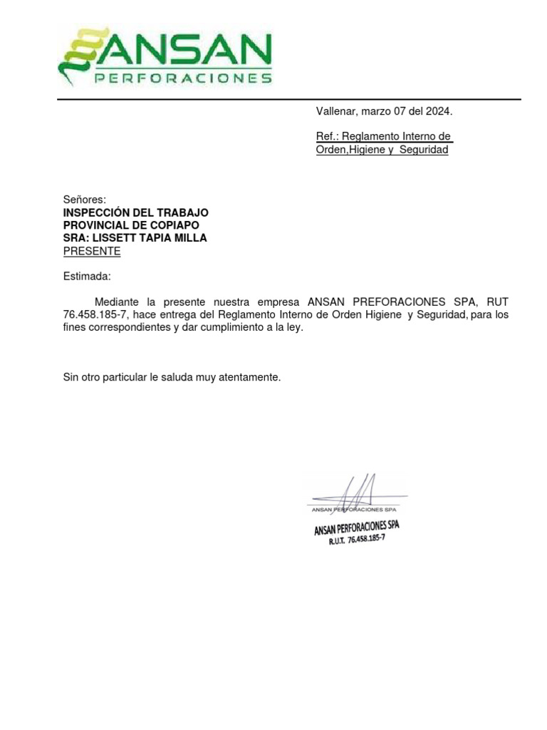 Carta Inspeccion Del Trabajo Entrega Reglamento Interno | PDF