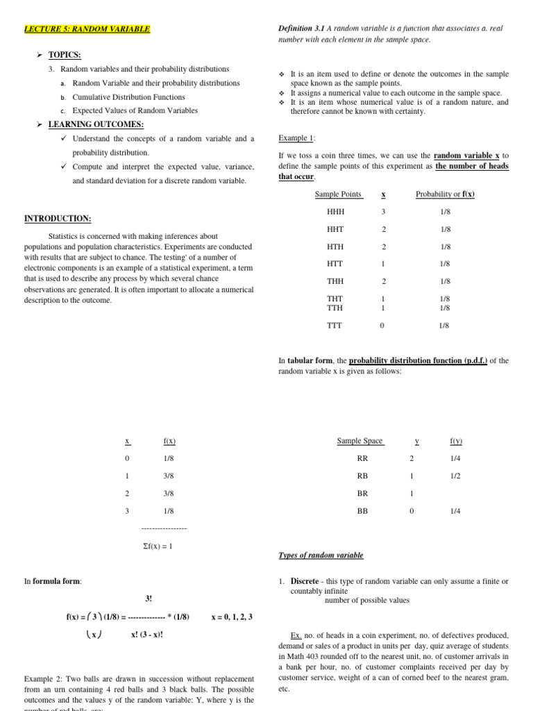 IE401 Lecture 5 Random Variabbles and Its Probability Distribution | PDF | Probability ...