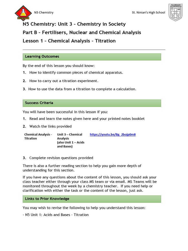 Lesson 1 Chemical Analysis Titration | PDF | Teaching Methods ...