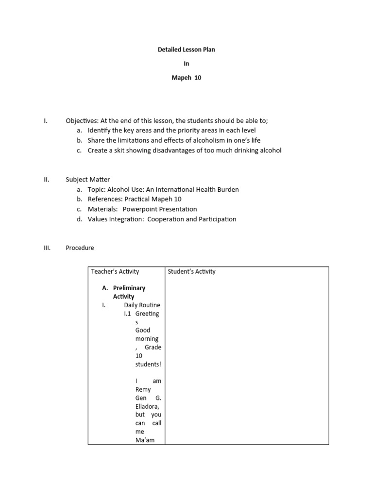 Detailed Lesson Plan (MAPEH 10) | PDF Detailed Lesson Plan (MAPEH 10) | PDF