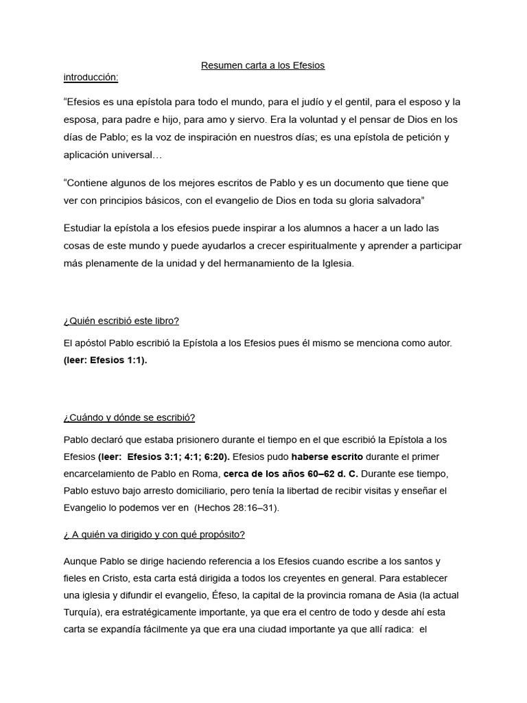 Resumen Carta A Los Efesios | PDF | Epístola a los efesios | Pablo el apóstol