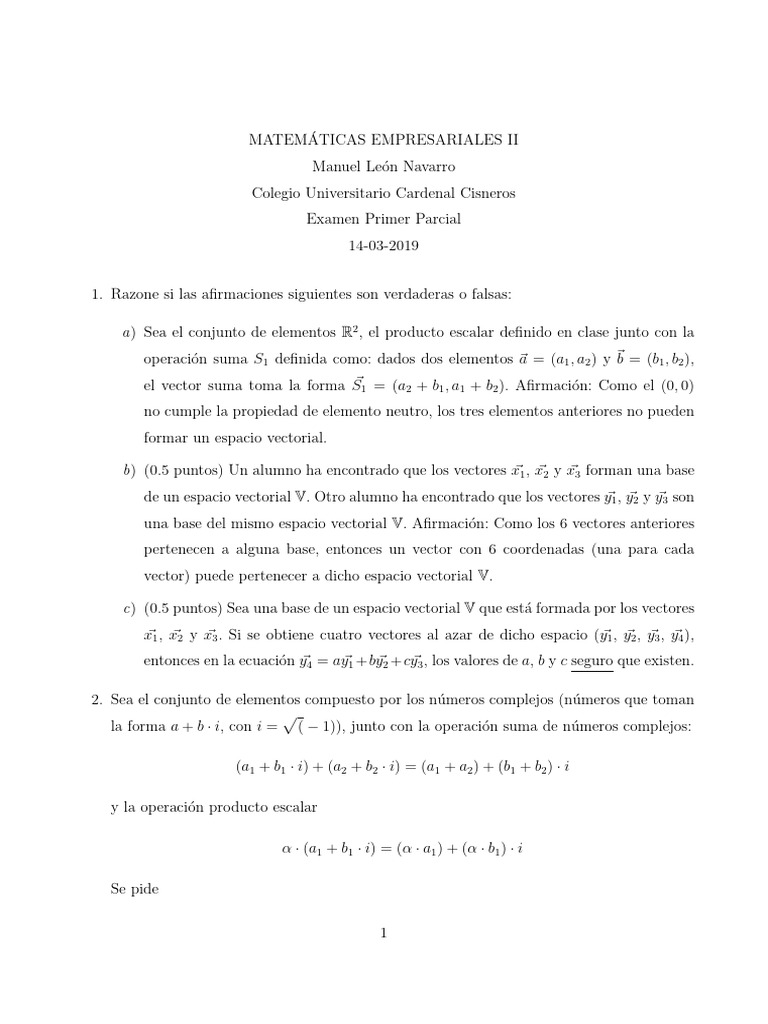 matII Primerparcial 1819 Tar | PDF | Espacio vectorial | Vector Euclidiano