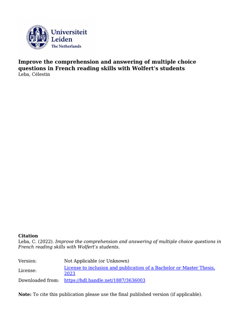 Enhancing French MCQ Skills at Wolfert | PDF