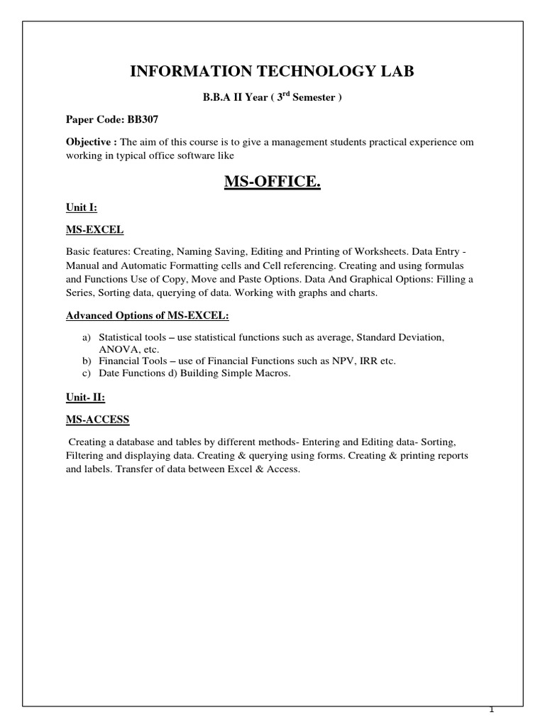 OU BBA LAB Syllabus Questions | PDF | Microsoft Excel | Computing