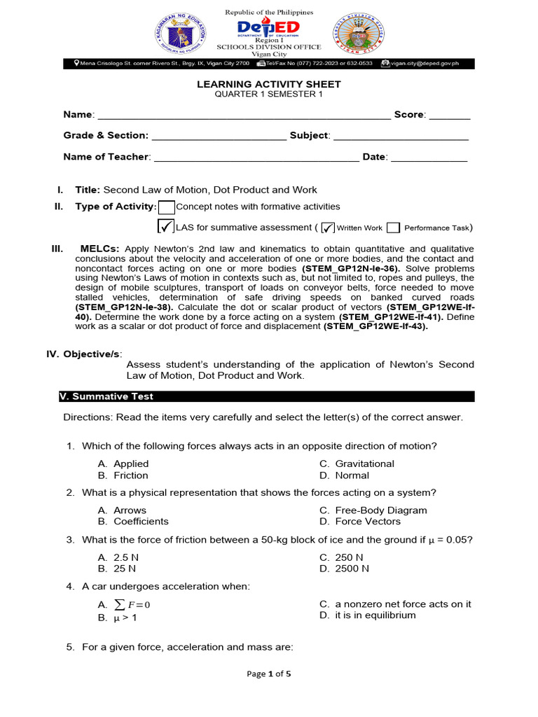 GENERAL PHYSICS 1 GRADE 12 Q1 Summative Test 1 5 | PDF | Force | Newton ...