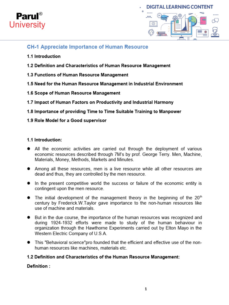 CH-1 Appreciate Importance of Human Resource | PDF | Human Resource Management | Human Resources