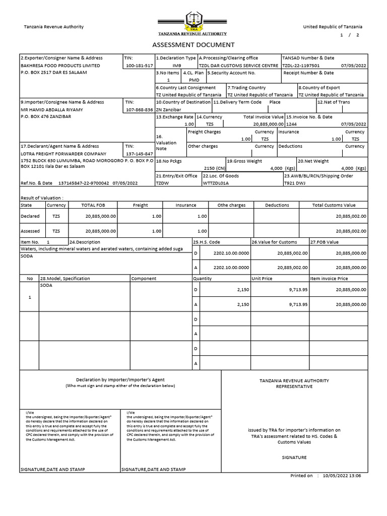 TRA Assessment Document Summary | PDF | Customs | Tanzania