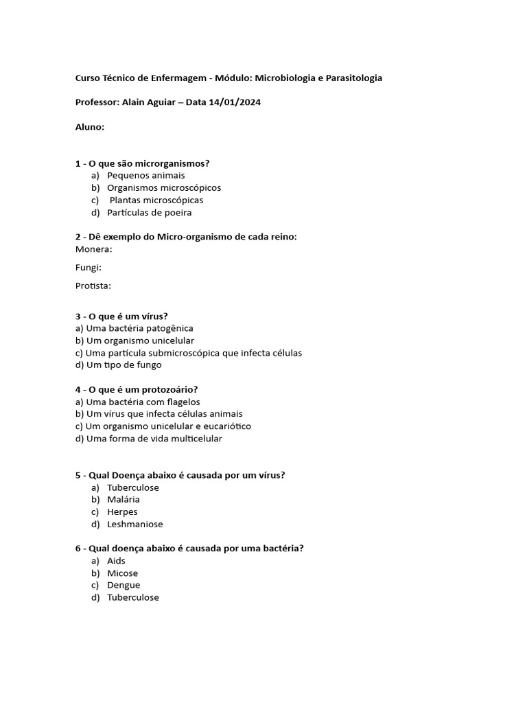 Prova de Microbiologia para Curso Tecnico em Enfermagem | PDF Prova de Microbiologia para Curso Tecnico em Enfermagem | PDF