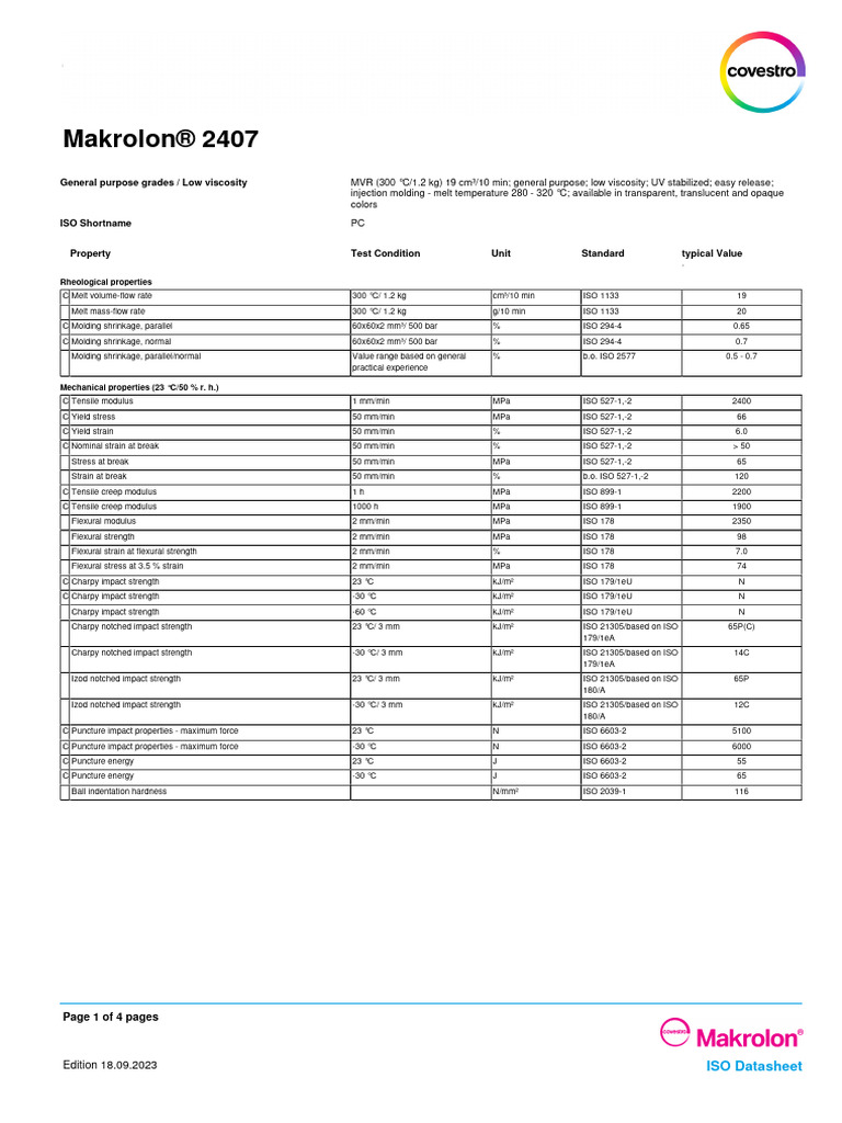 Makrolon 2407 ISO Datasheet | PDF | Creep (Deformation) | Applied And ...