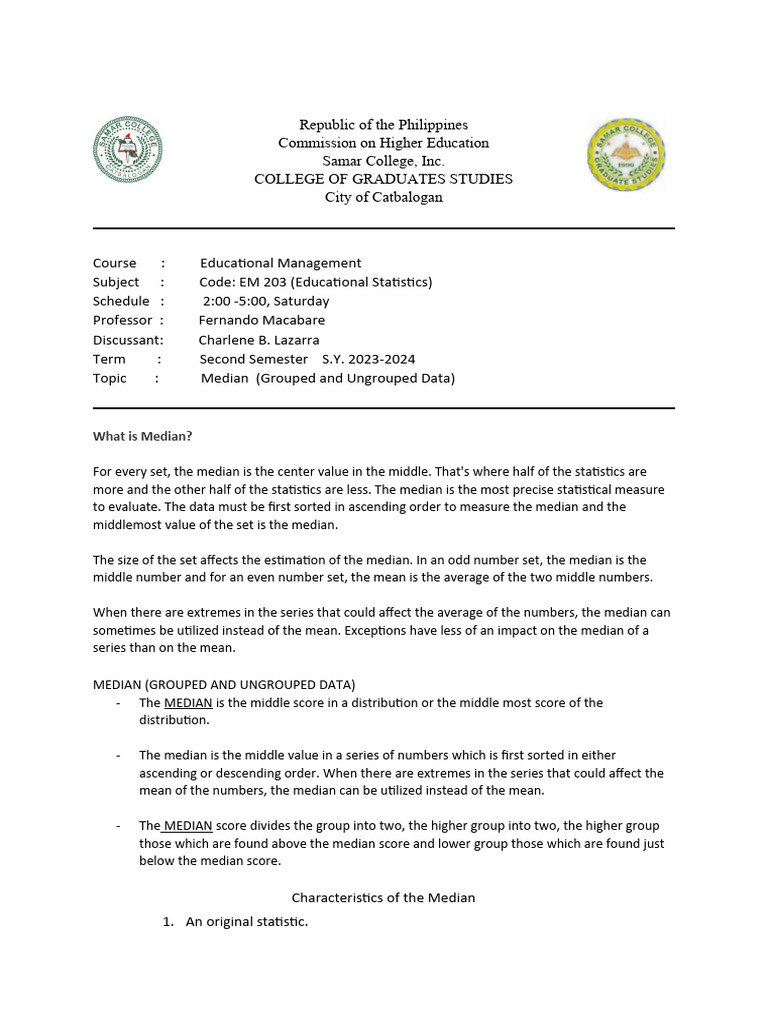 Median Grouped And Ungrouped Data Pdf
