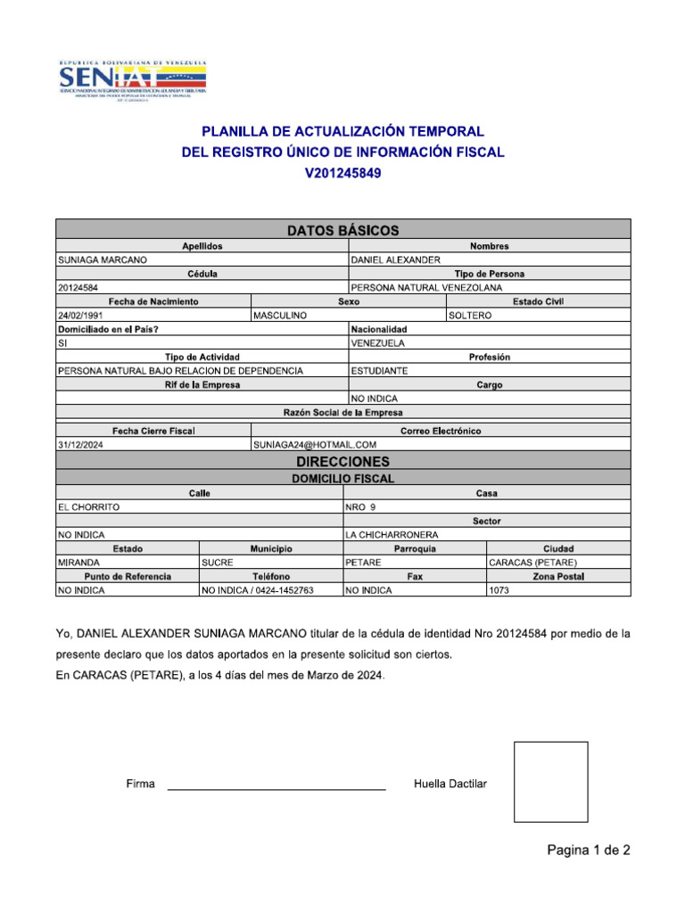 Planilla Actualizacion RIF | PDF