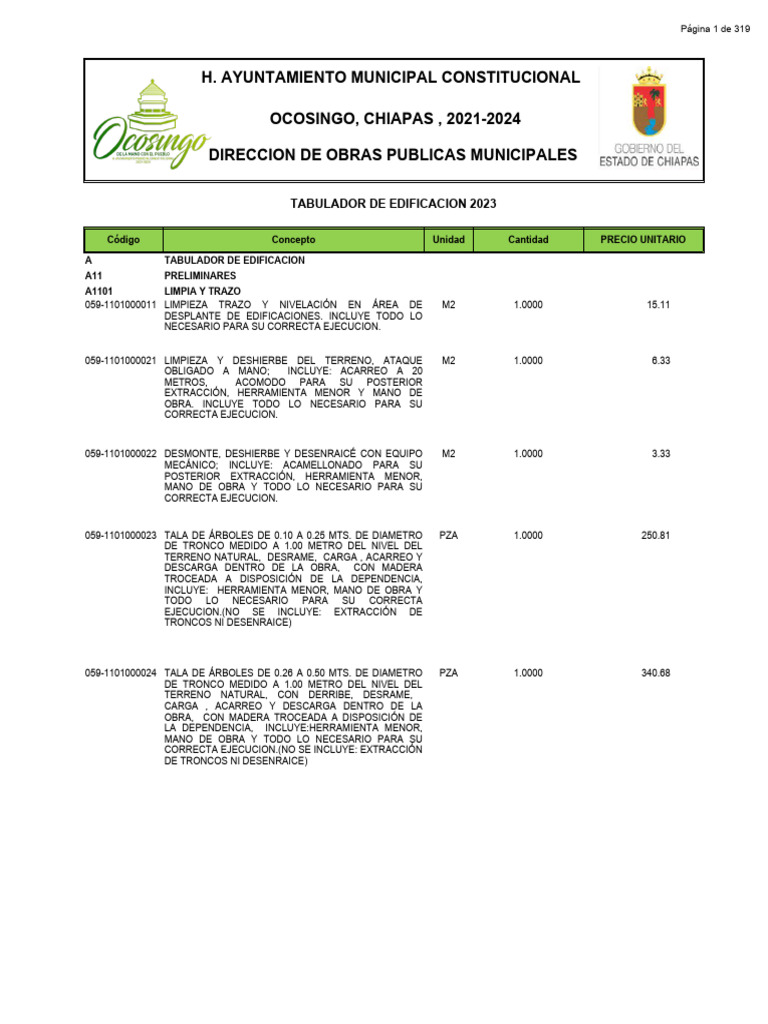 Tabulador Ocosingo Edificacion 2023 Ok-3 | Descargar gratis PDF | Hormigón | Ingeniero civil