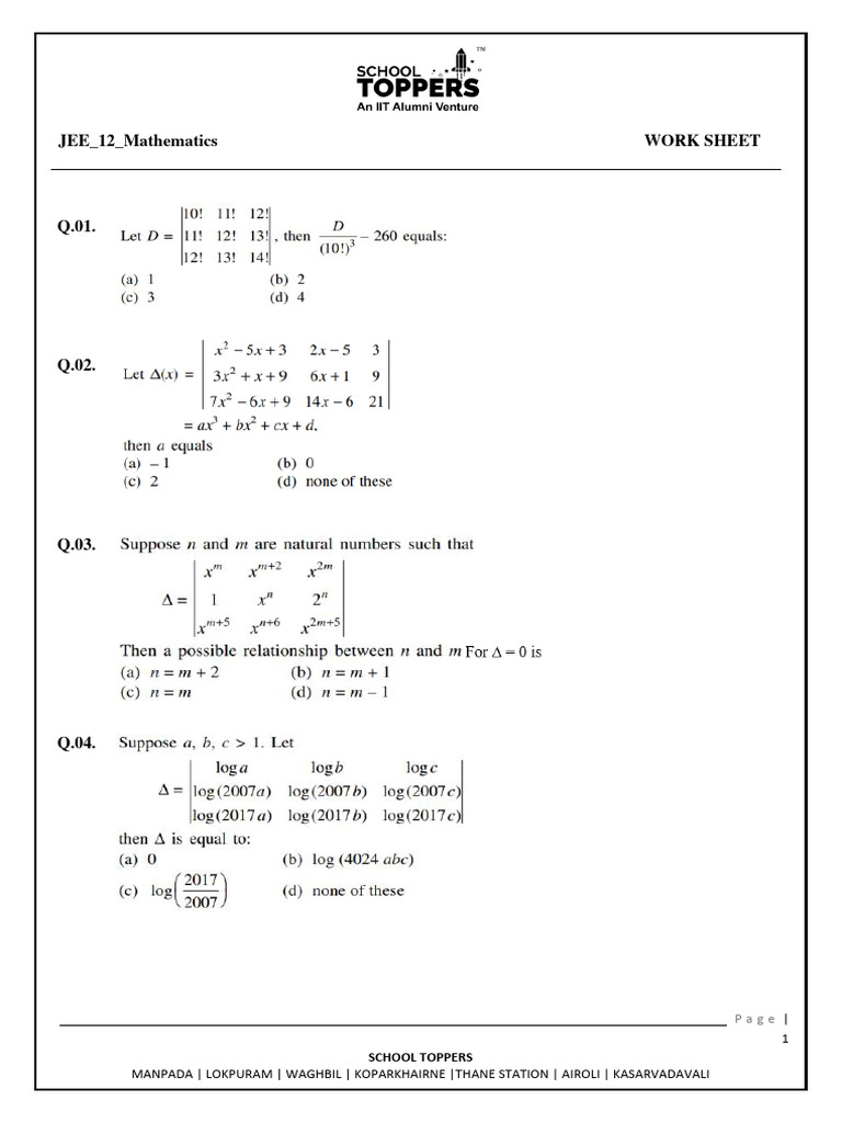 12th Math Worksheet | PDF