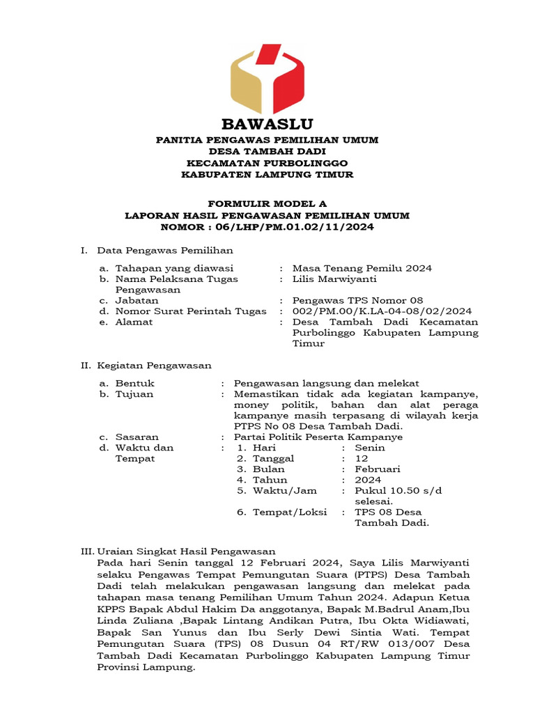 FORMAT FORM A PTPS 2024 TPS 08 Tanggal 12 Februari 2024 | PDF