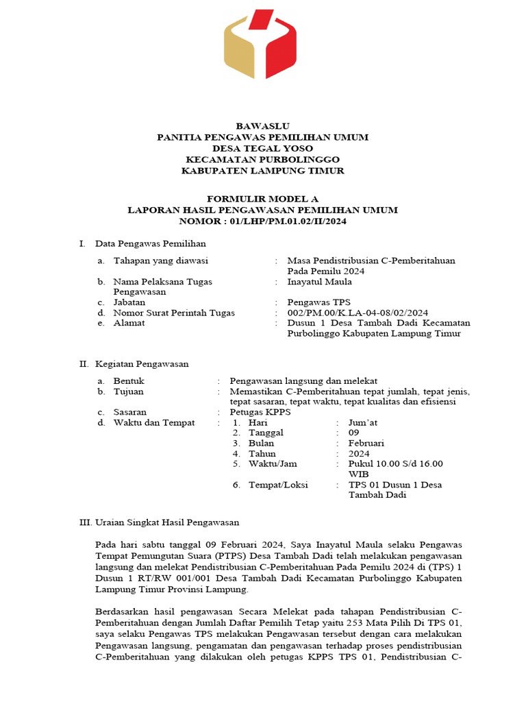 FORM A Tanggal 9 TPS 01 | PDF