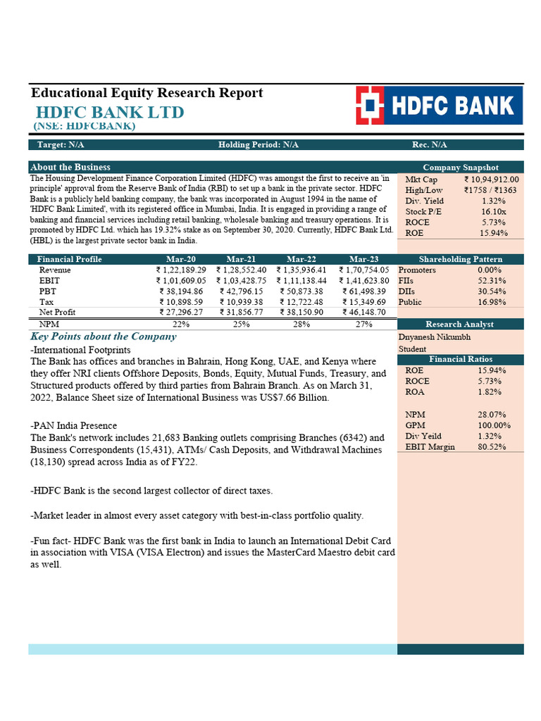 HDFC Equity Research Report | PDF | Banks | Return On Equity