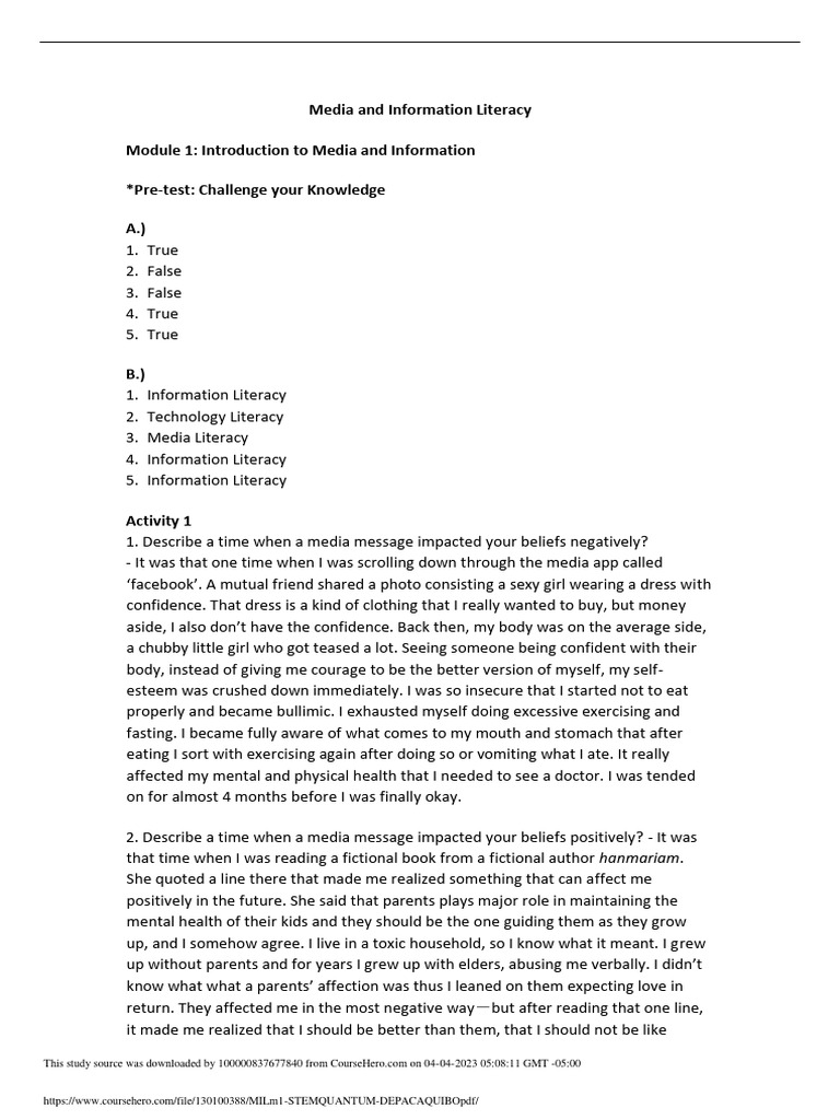 Media and Information Literacy Module 1 Answers | PDF | Literacy ...
