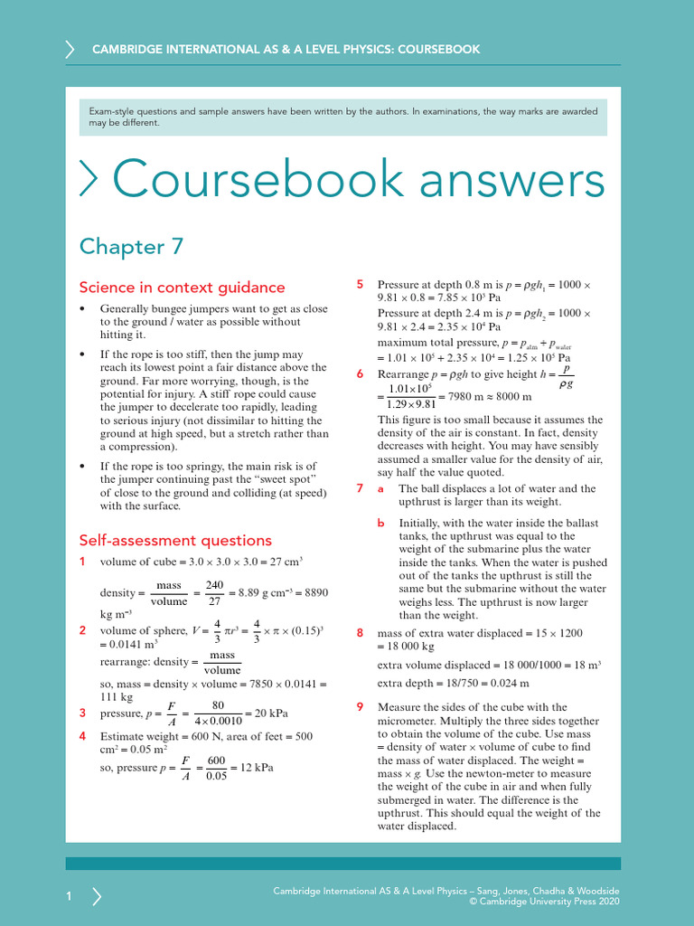 Coursebook Answers Chapter 7 Asal Physics | PDF | Young's Modulus | Buoyancy