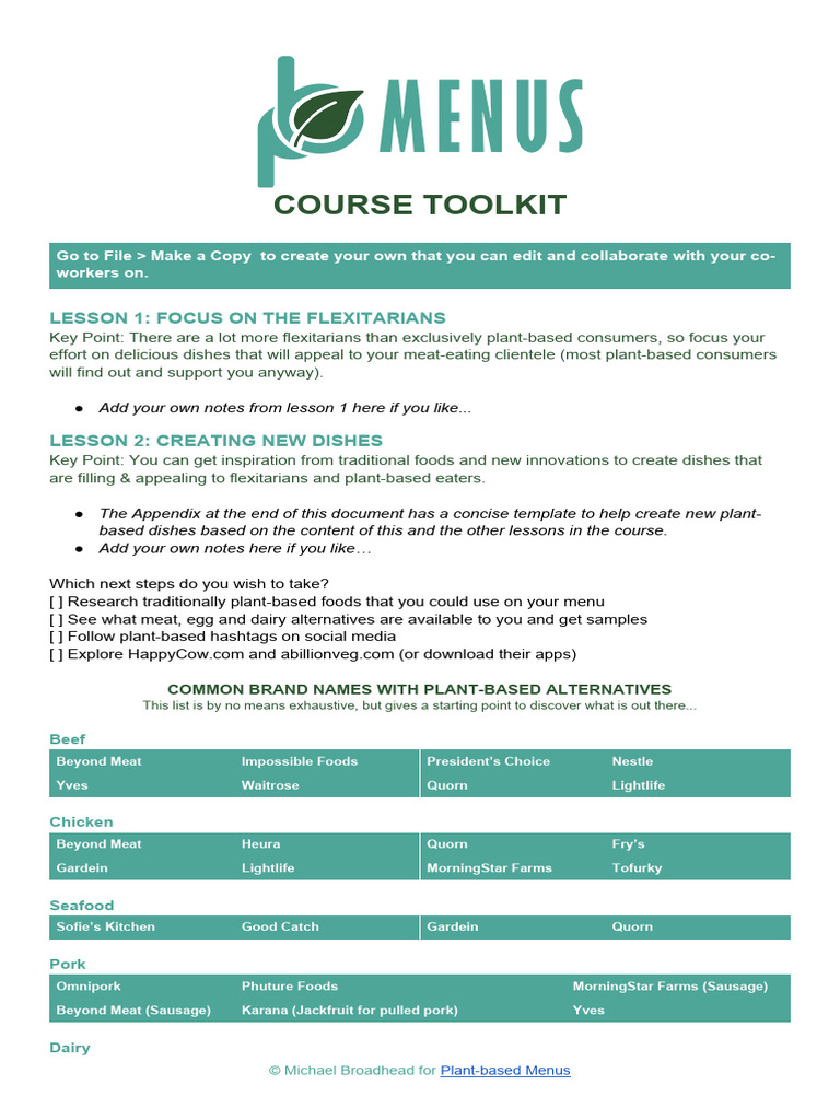 Vegan Cooking - Plant-Based Menus 101 Course Toolkit | PDF