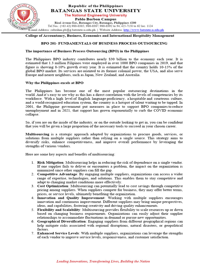 Bpo 201 Lectures Pdf Outsourcing Offshoring