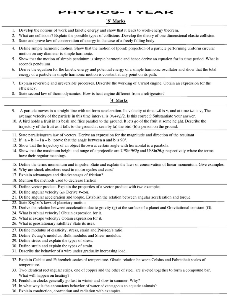 PHYSICS Iyr Question Bank | PDF | Acceleration | Gases