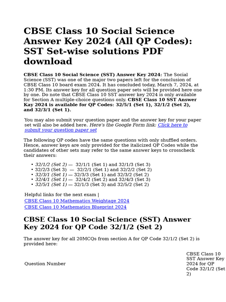 CBSE Class 10 SST Answer Key 2024 | PDF