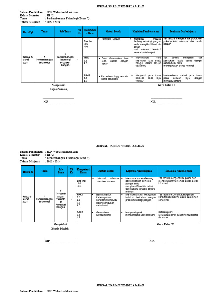 Jurnal Kelas 3 Tema 7 | PDF