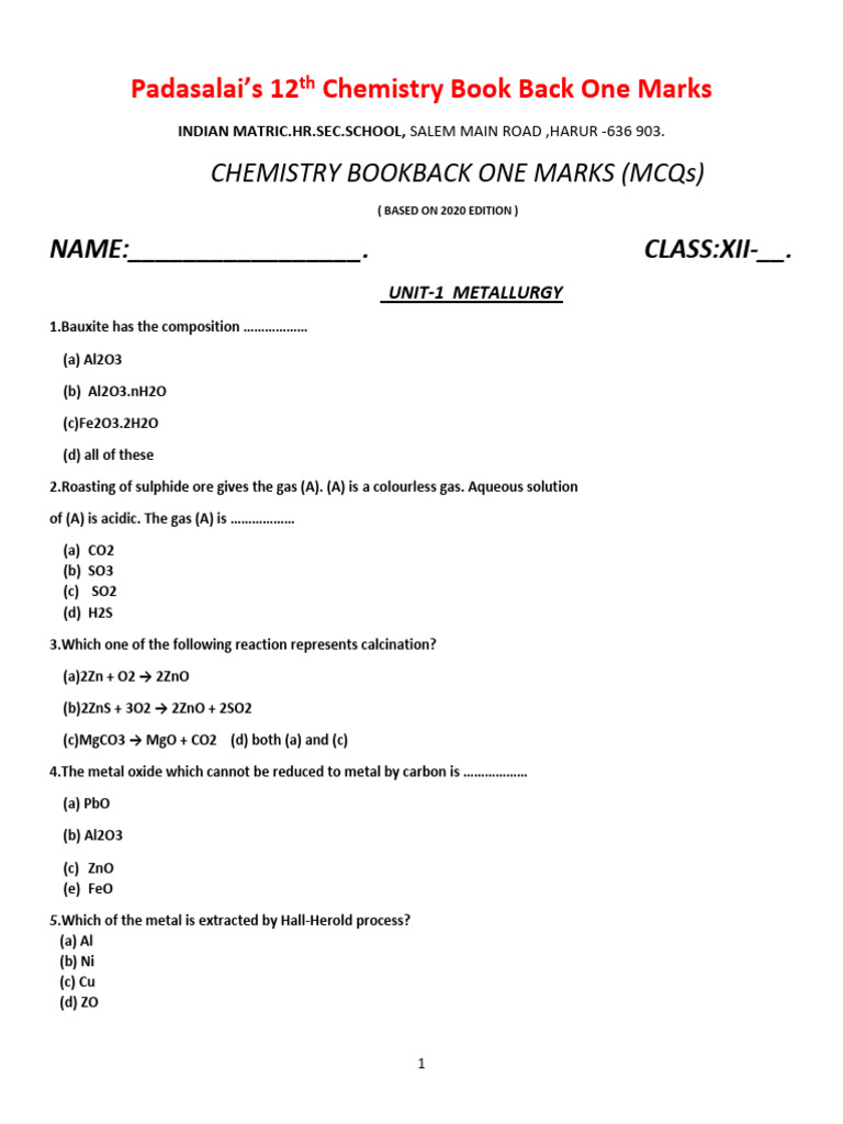 12th Chemistry Vol.1 Book Back One Mark Questions English Medium PDF ...
