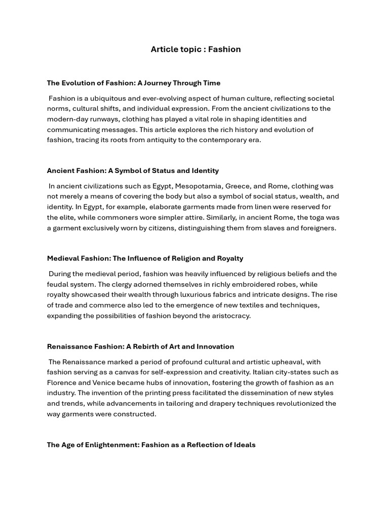 Write Article Topic Fashion | PDF | Fashion | Clothing