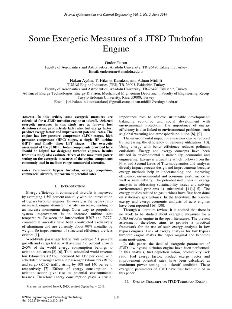 Exergetic Analysis of JT8D Turbofan Engine | PDF | Exergy | Heat