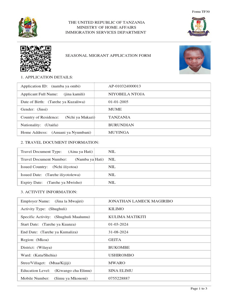 Tanzania Seasonal Migrant Application Form | PDF