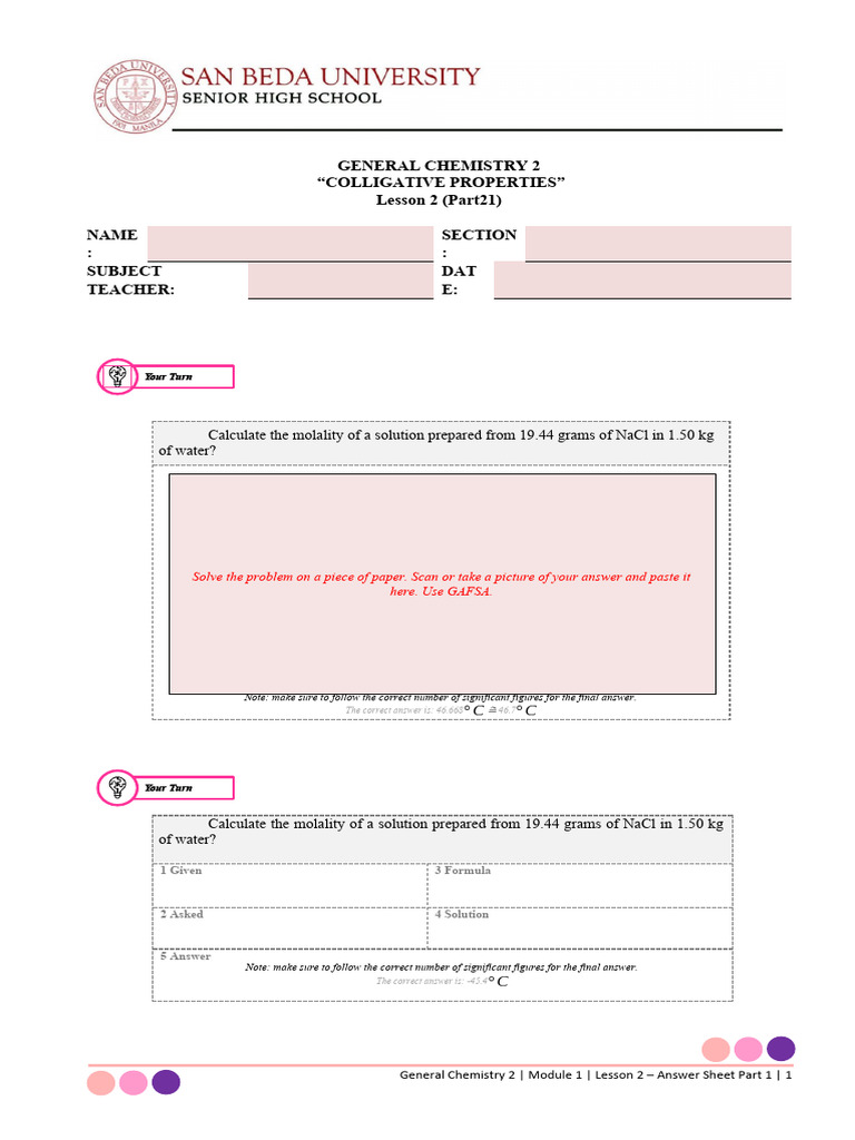 GC2 M1L2 Answer Sheet Part 2 - Colligative Properties | PDF | Chemical ...