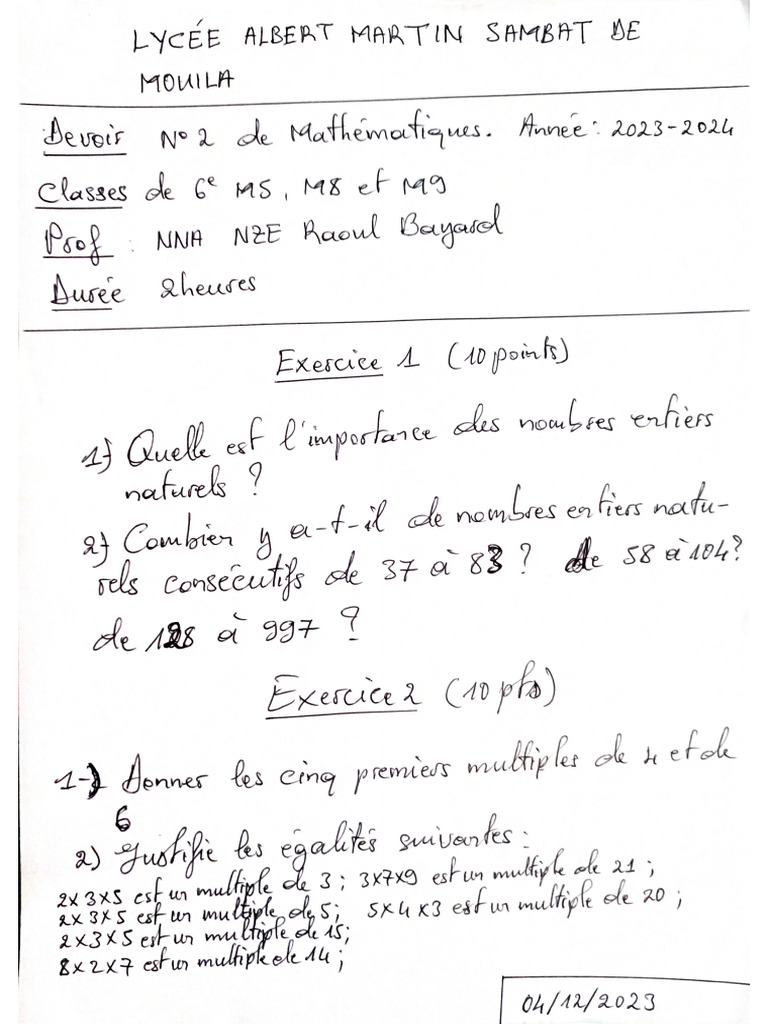 Devoir N°2 de Mathématiques | PDF