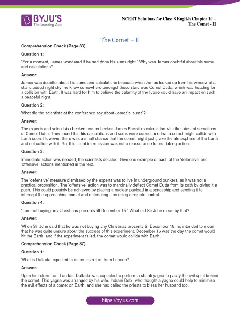 NCERT Solutions for Class 8 English Chapter 10 the Comet – II | PDF | Science | Comet
